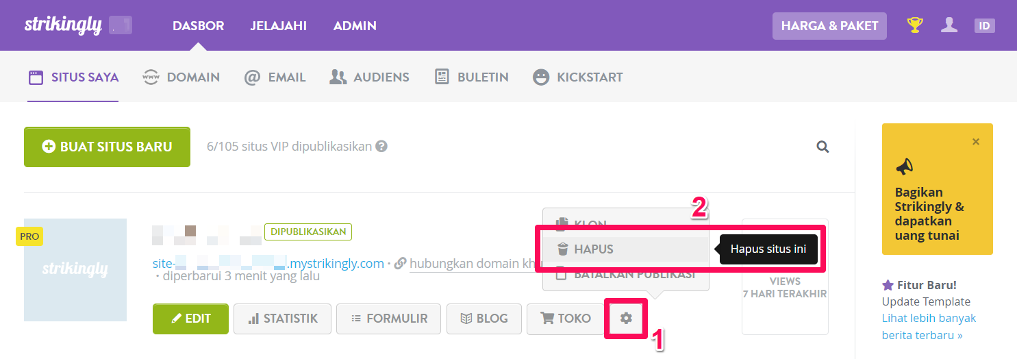Menghapus Situs Saya – Pusat Bantuan Strikingly