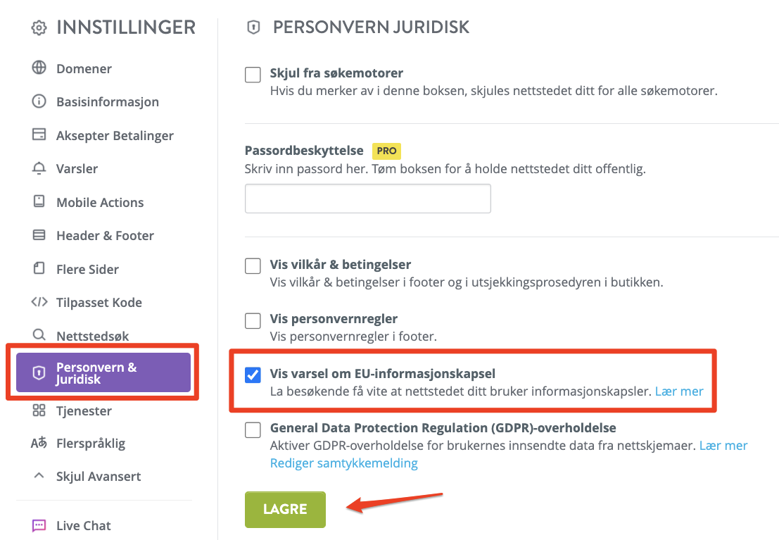 Legg til varsel om informasjonskapsler – Strikingly hjelpesenter